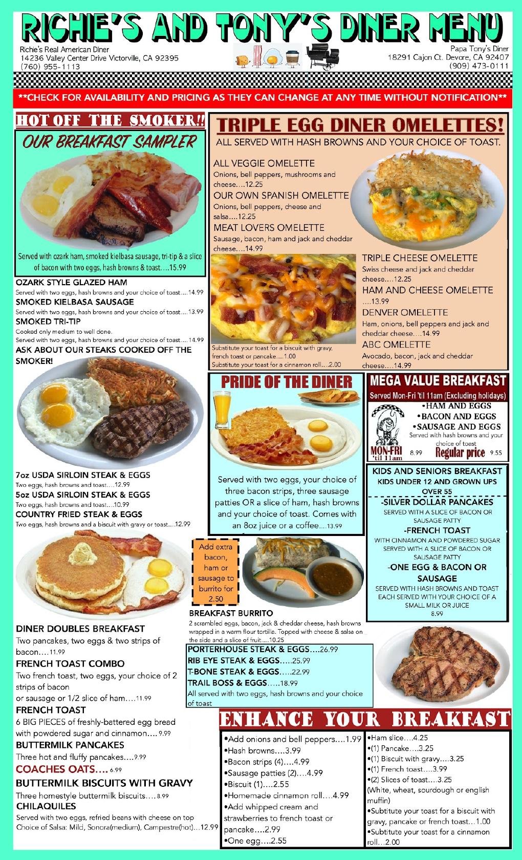 Menu at Richie's Diner restaurant, Victorville