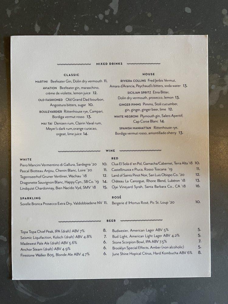 Menu at Riviera Bar, Santa Barbara