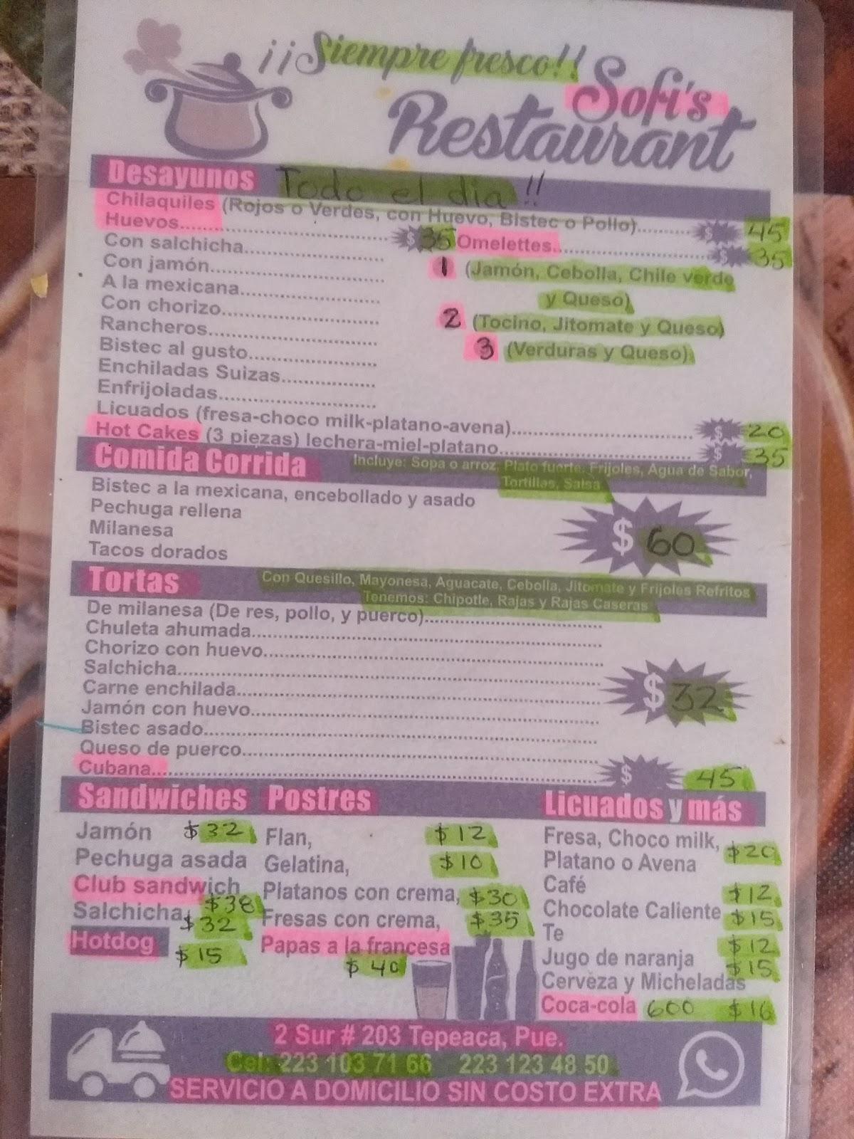 Carta de Sofi's Restaurant (Tortas y Comida corrida), Tepeaca