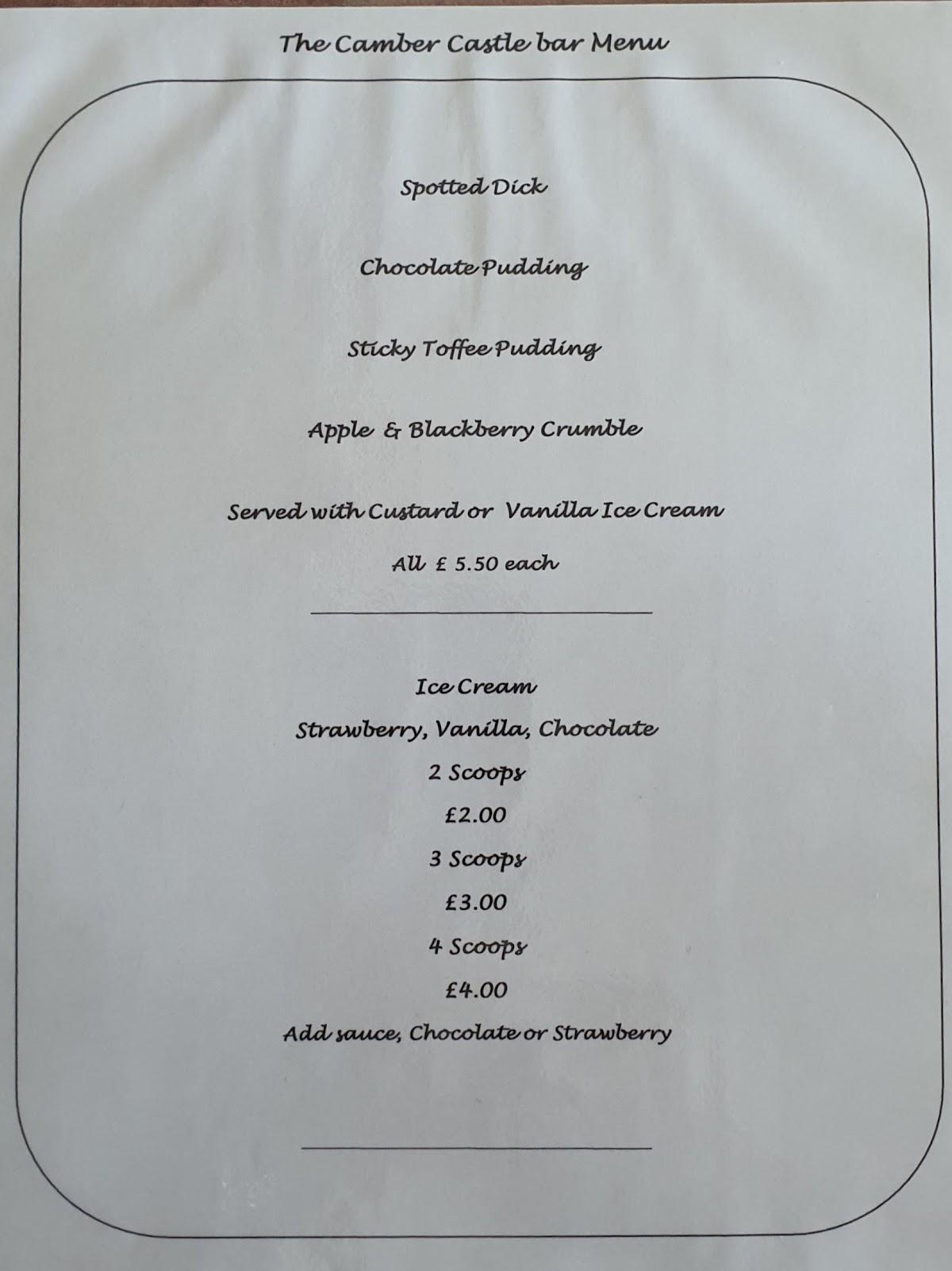 Menu at The Camber Castle pub & bar, Camber