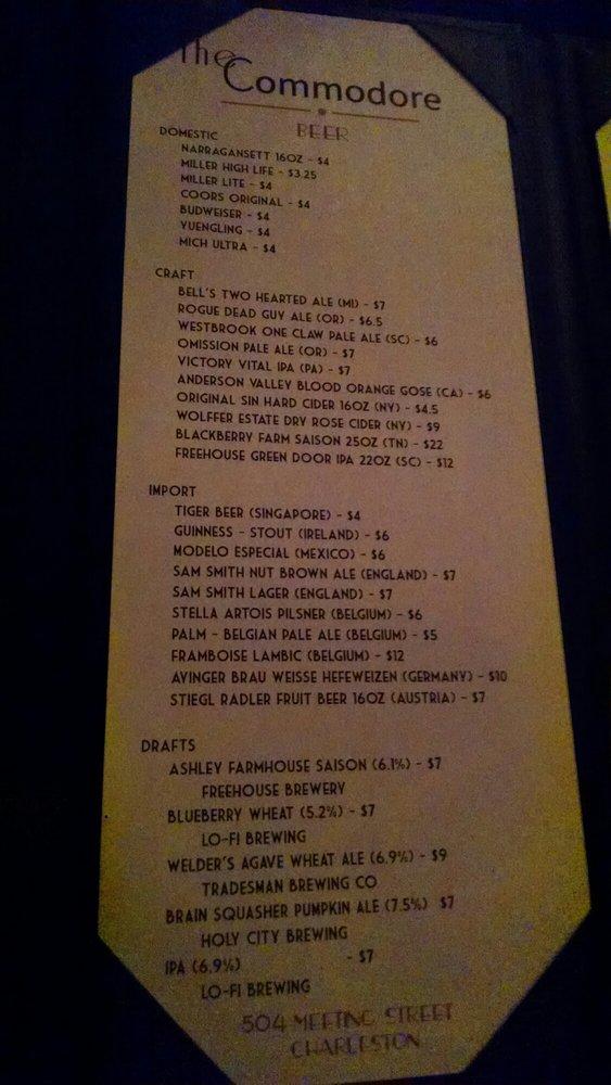 Menu at The Commodore pub & bar, Charleston