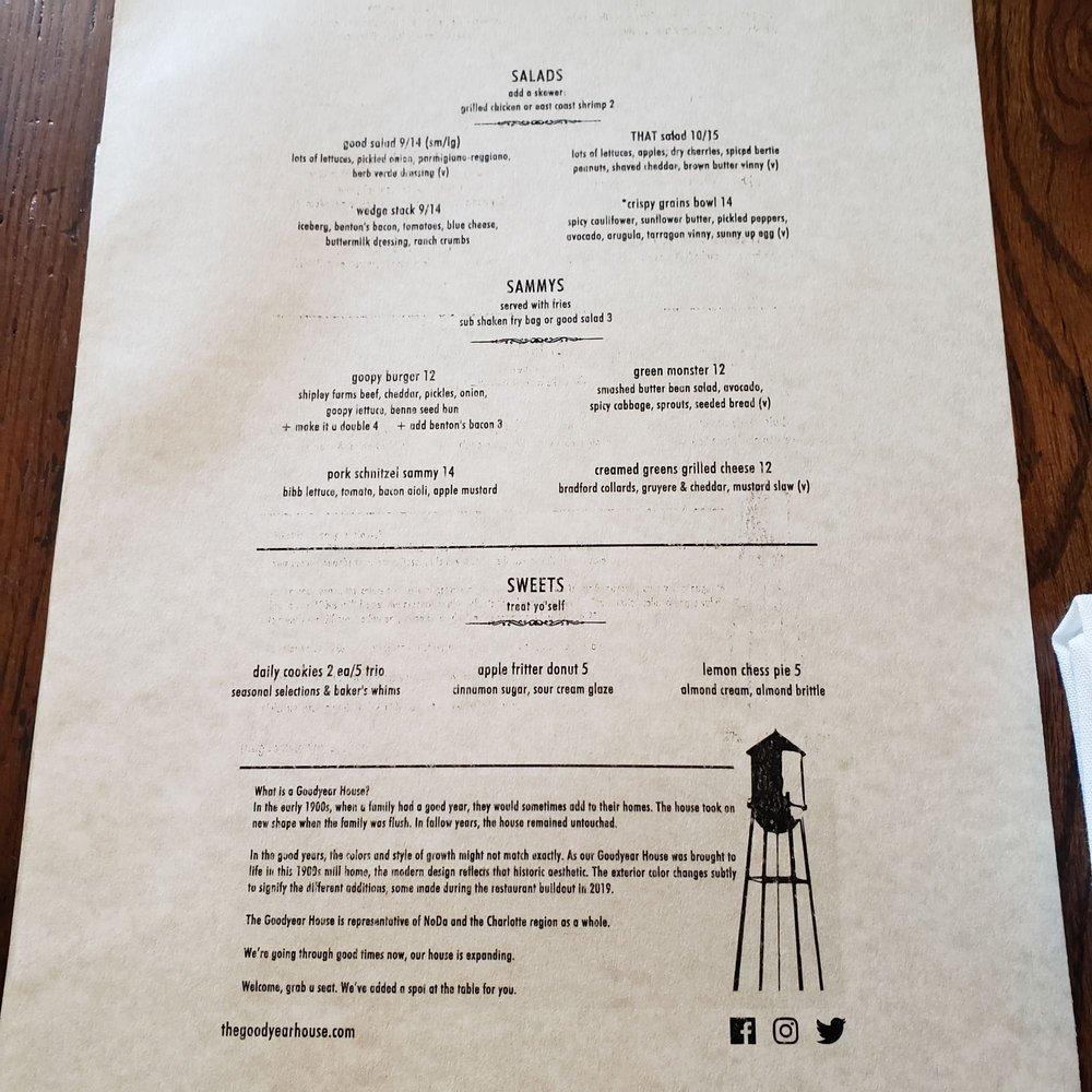 Menu at The Goodyear House pub & bar, Charlotte