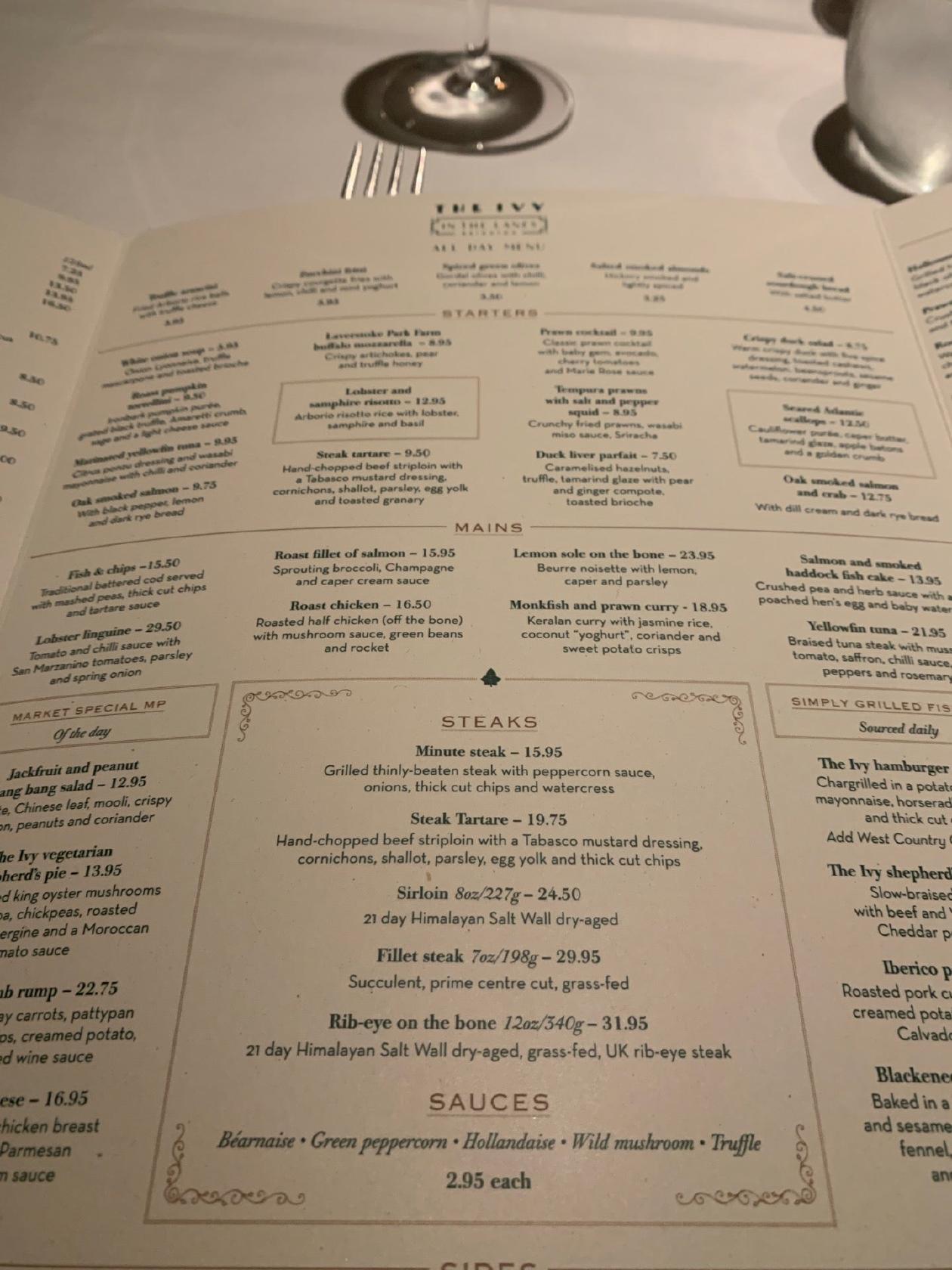 Menu at The Ivy In The Lanes restaurant, Brighton