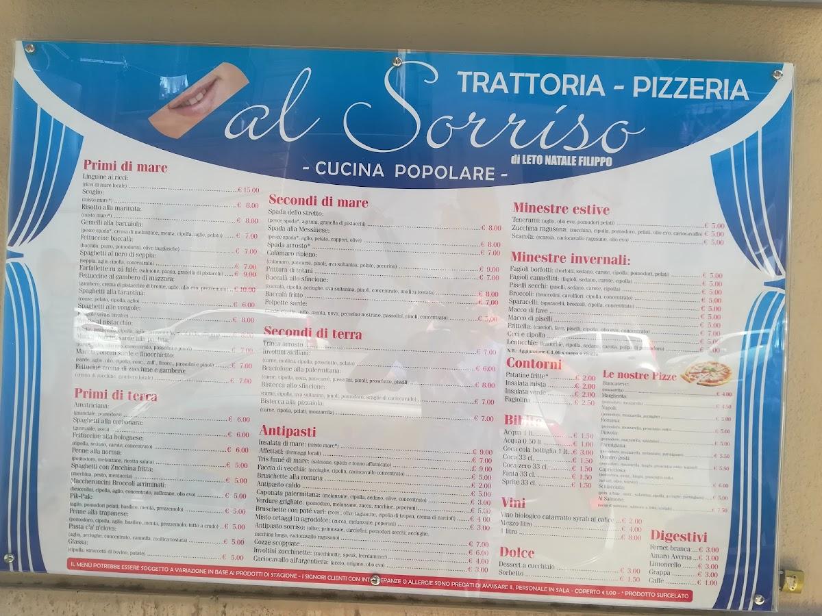 Menu at Trattoria Al Sorriso restaurant, Palermo