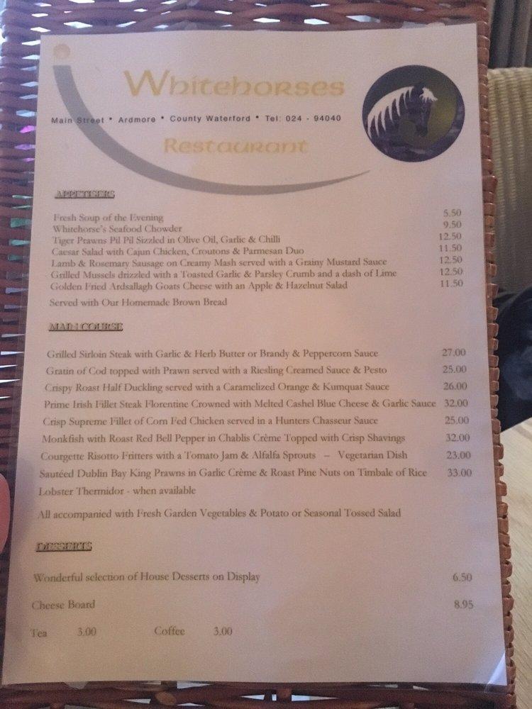 Menu at Whitehorses Restaurant, Ardmore