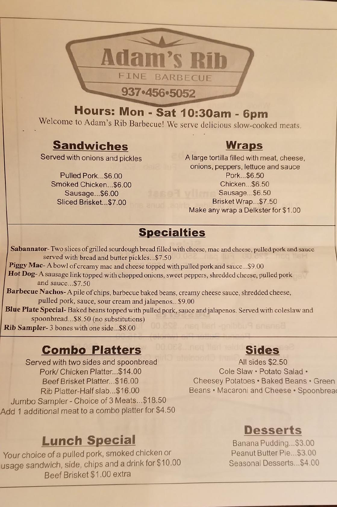 Menu at Adam's Rib Barbecue, Eaton