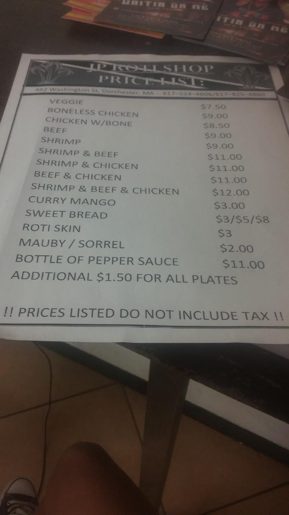 Menu at JP Roti Shop restaurant, Boston