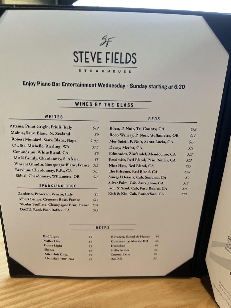 Menu at Steve Fields Steakhouse, Plano