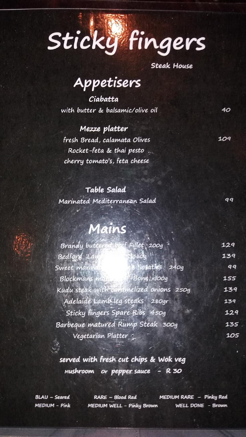 Menu at Sticky Fingers Wood-Fire Kitchen restaurant, Port Elizabeth