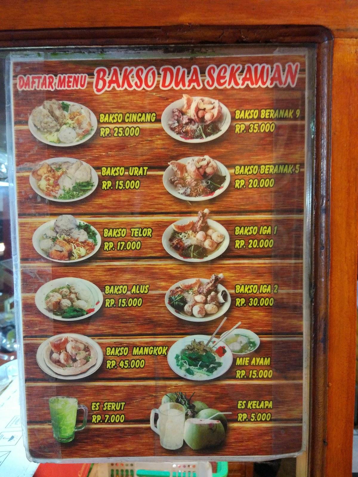Menu at Bakso Dua Sekawan restaurant, South Jakarta
