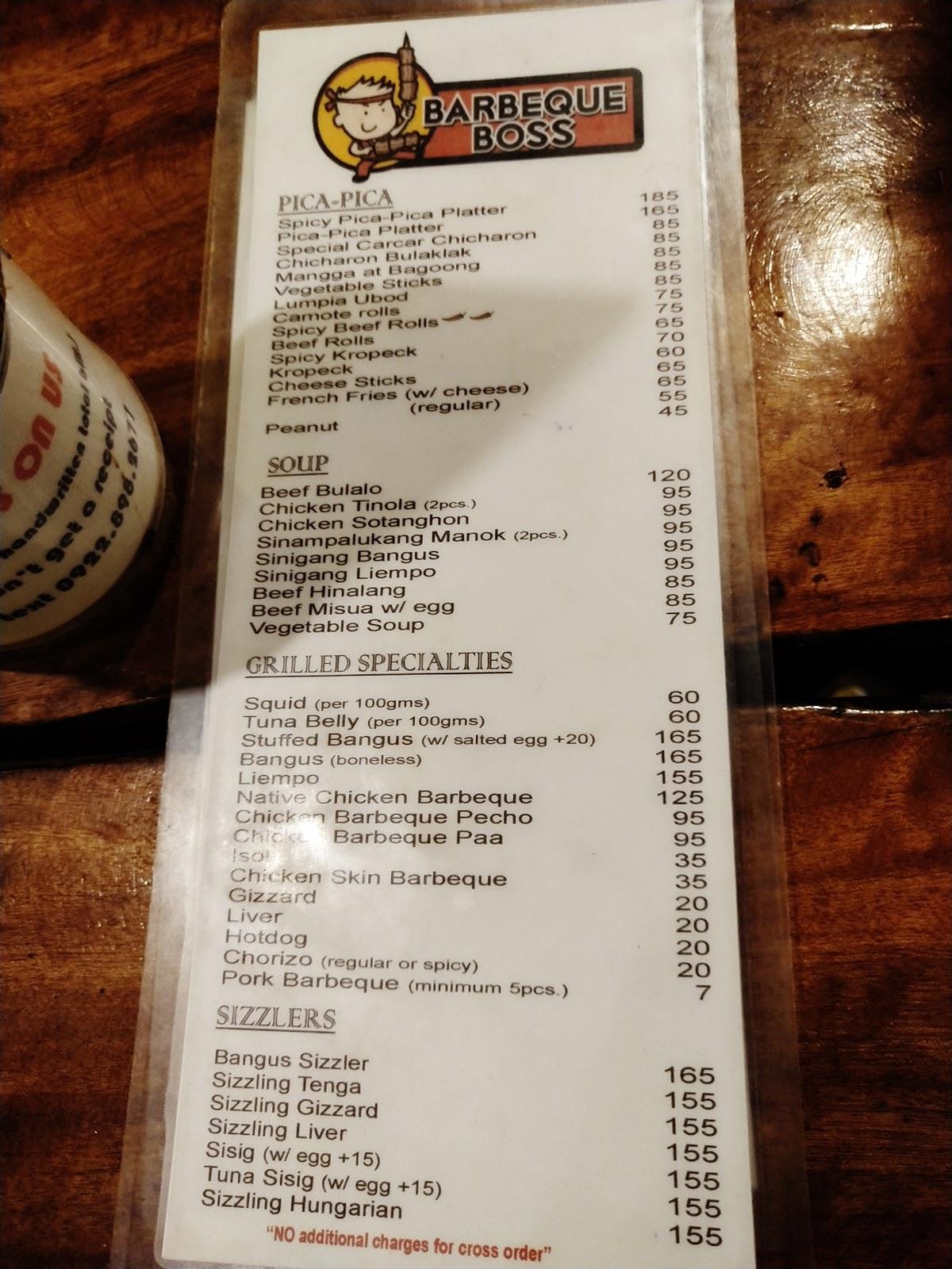 Menu at Barbecue Boss, Davao City, Ground Floor
