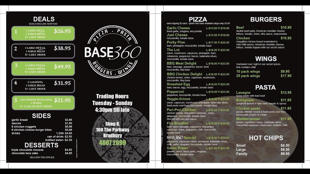 Menu at Base 360 - Pizza, Pasta, Burgers & Wings pizzeria, Bradbury