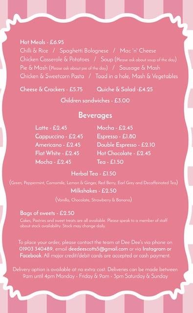 Menu at Dee Dee’s cafe, Worthing