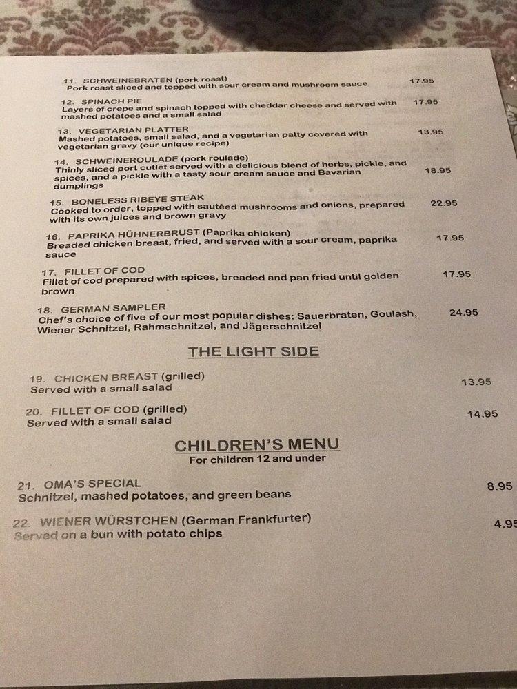 Menu at Edelweiss German Restaurant, Greenville