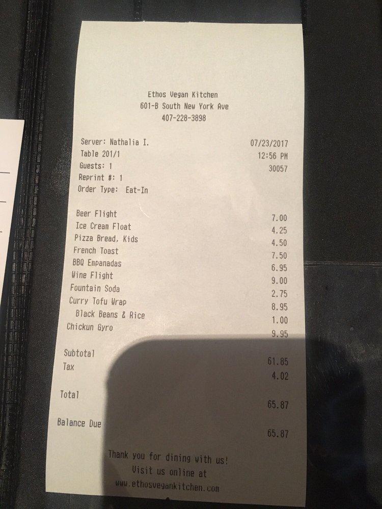 Menu at Ethos Vegan Kitchen restaurant, Winter Park, 601-B S New York Ave