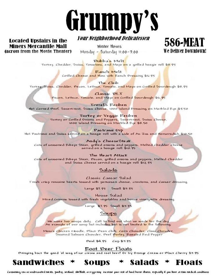 Menu at Grumpy's Delicatessen pub & bar, Juneau