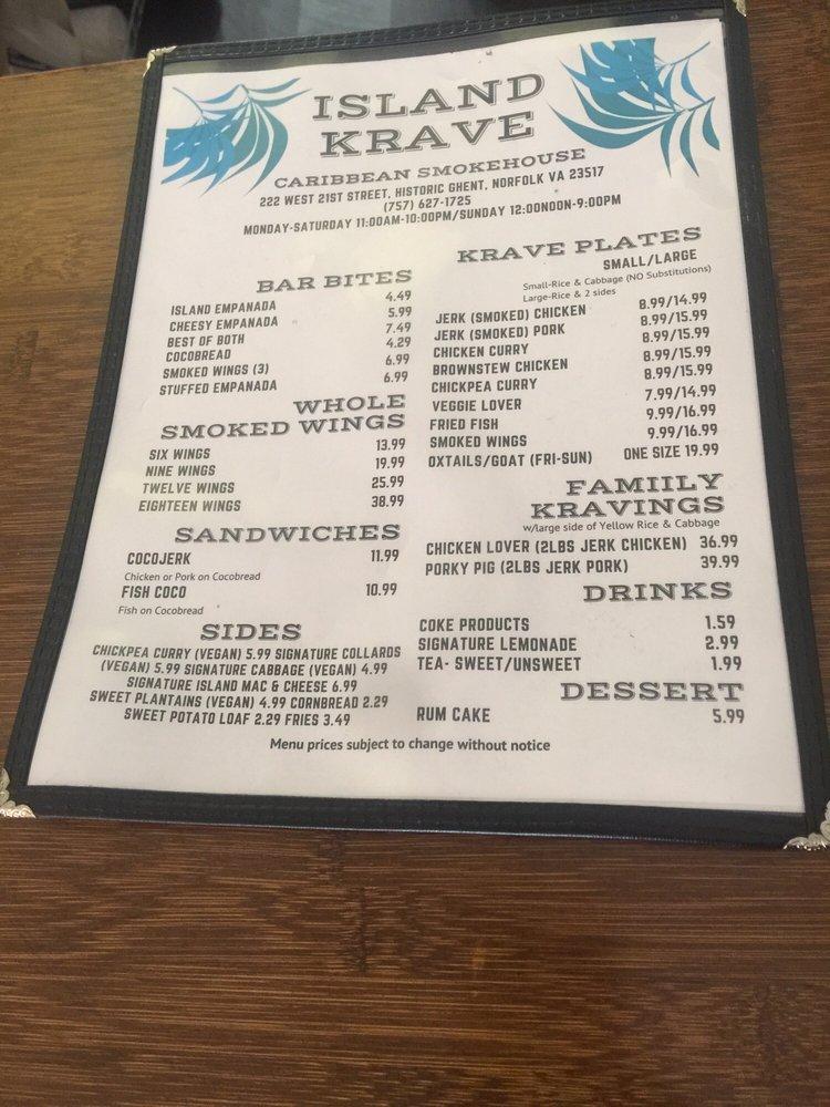 Menu at Island Krave restaurant, Norfolk