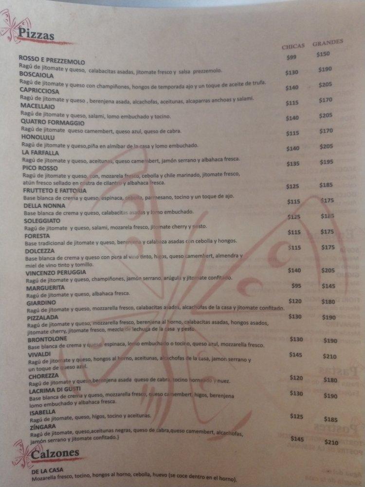 Carta de La Farfalla Pizzeria y Mas, Ciudad de México
