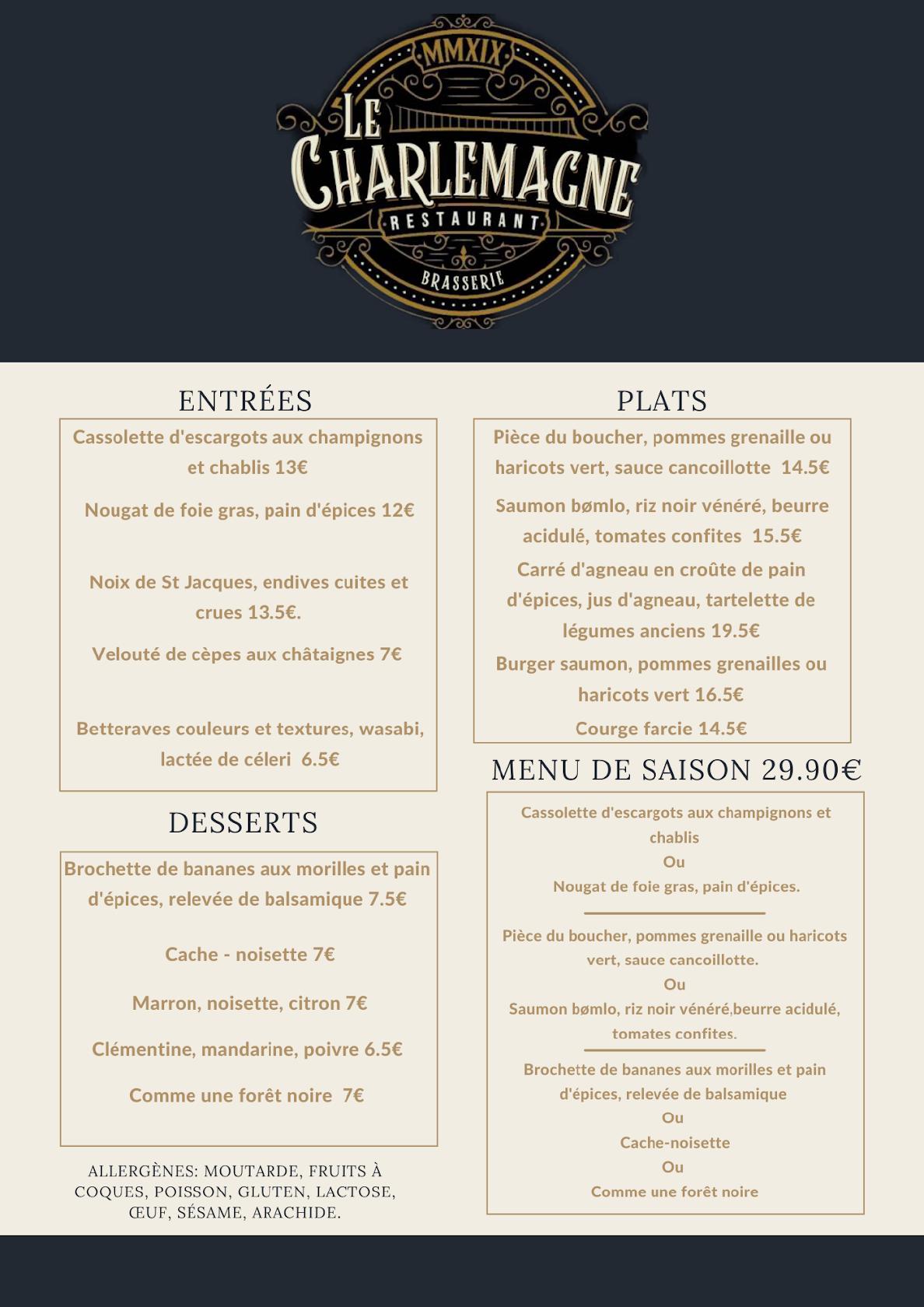 Menu at Le Charlemagne restaurant, Gy