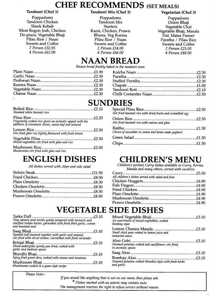 Menu at Naaz Indian Cuisine restaurant, Ulverston