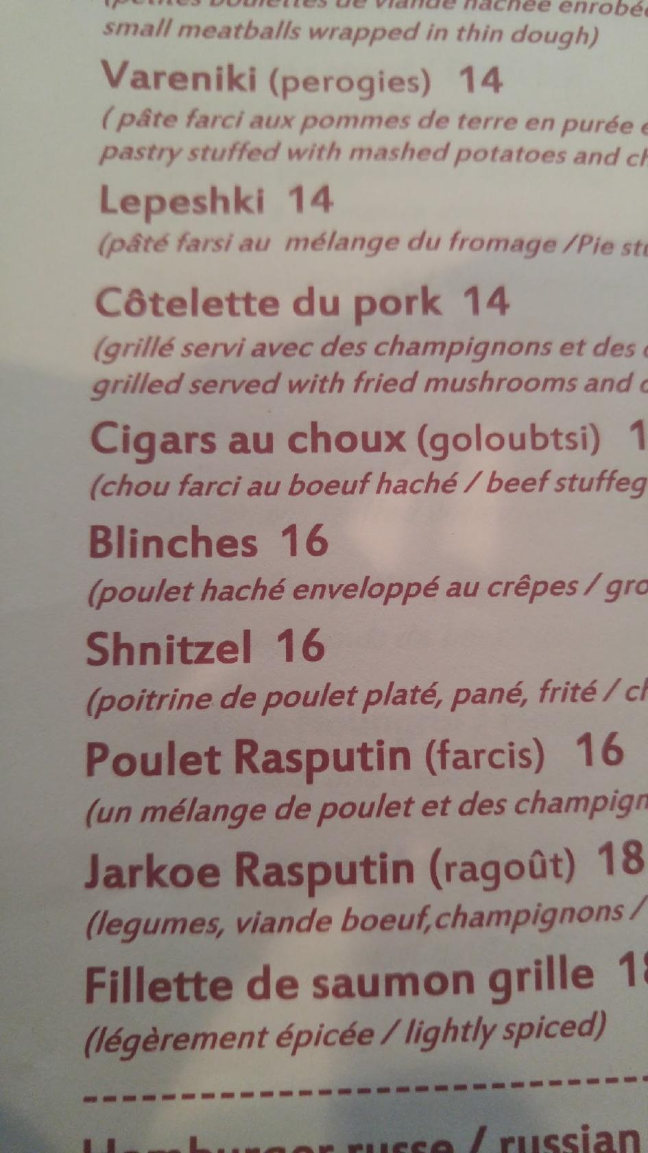 Carta del restaurante Rasputin, Montréal