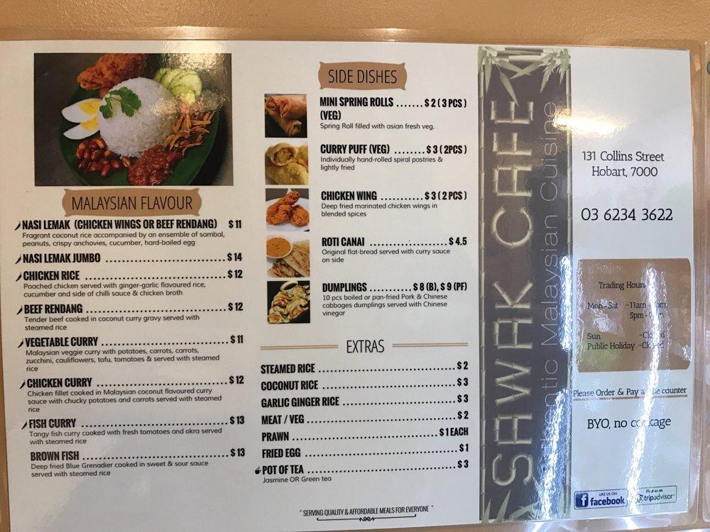 Menu at Sawak Cafe, Hobart