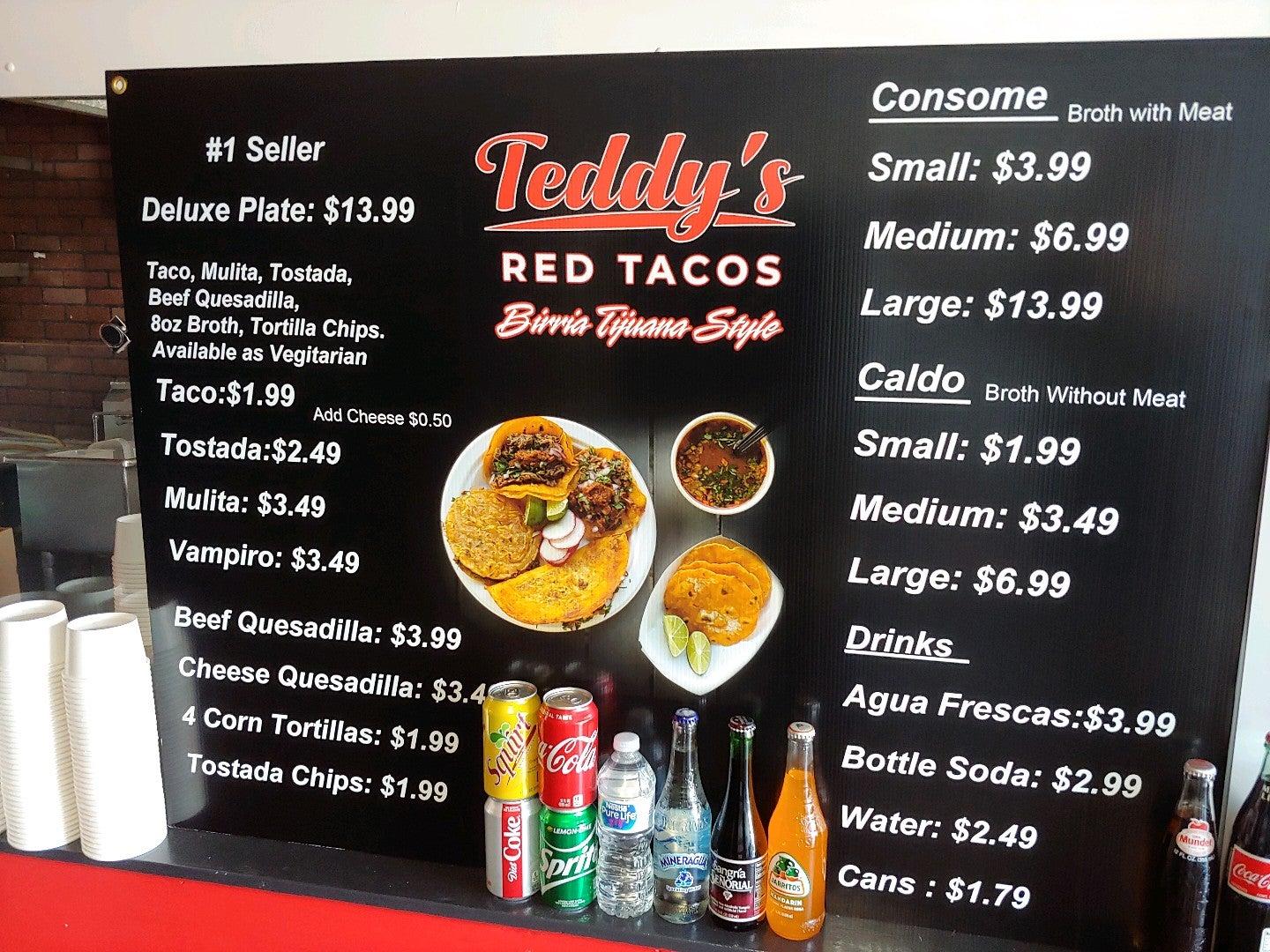Menu at Teddy's Red Tacos Hollywood restaurant, Los Angeles, S La Brea Ave