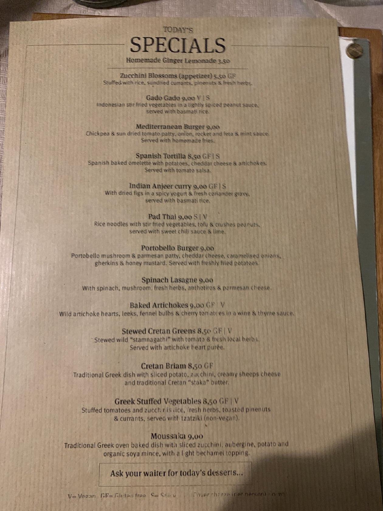 Menu at ThirdEye, Palaiochora