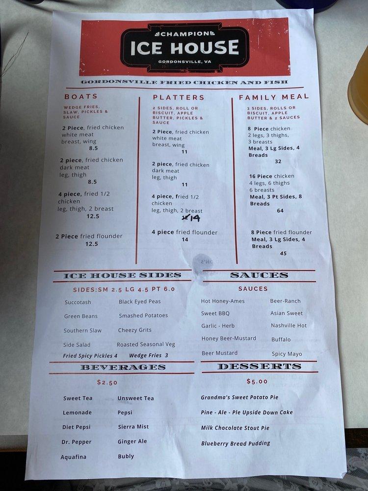 Menu at Gordonsville Ice House restaurant, Gordonsville
