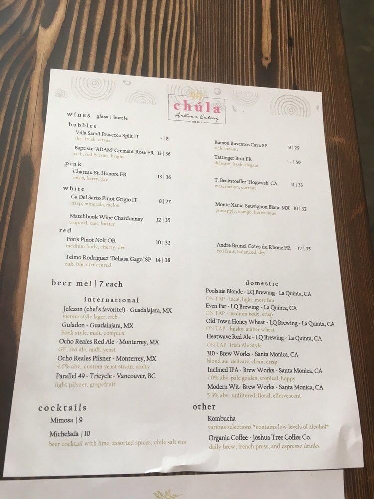 Menu at Chula Artisan Eatery cafe, La Quinta