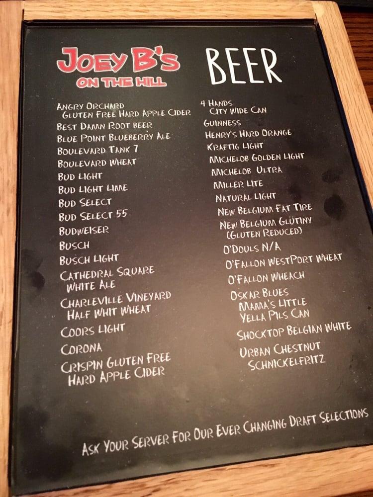 Menu at Joey B's on the Hill restaurant, St. Louis