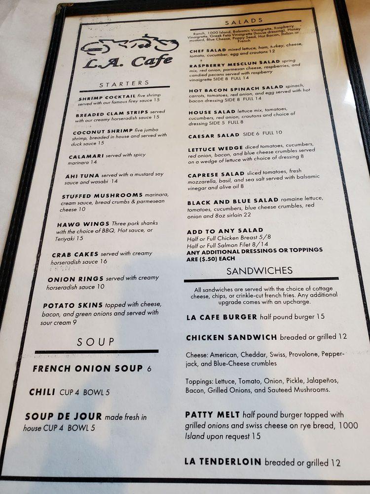 Menu at L.A. Cafe, Whitestown