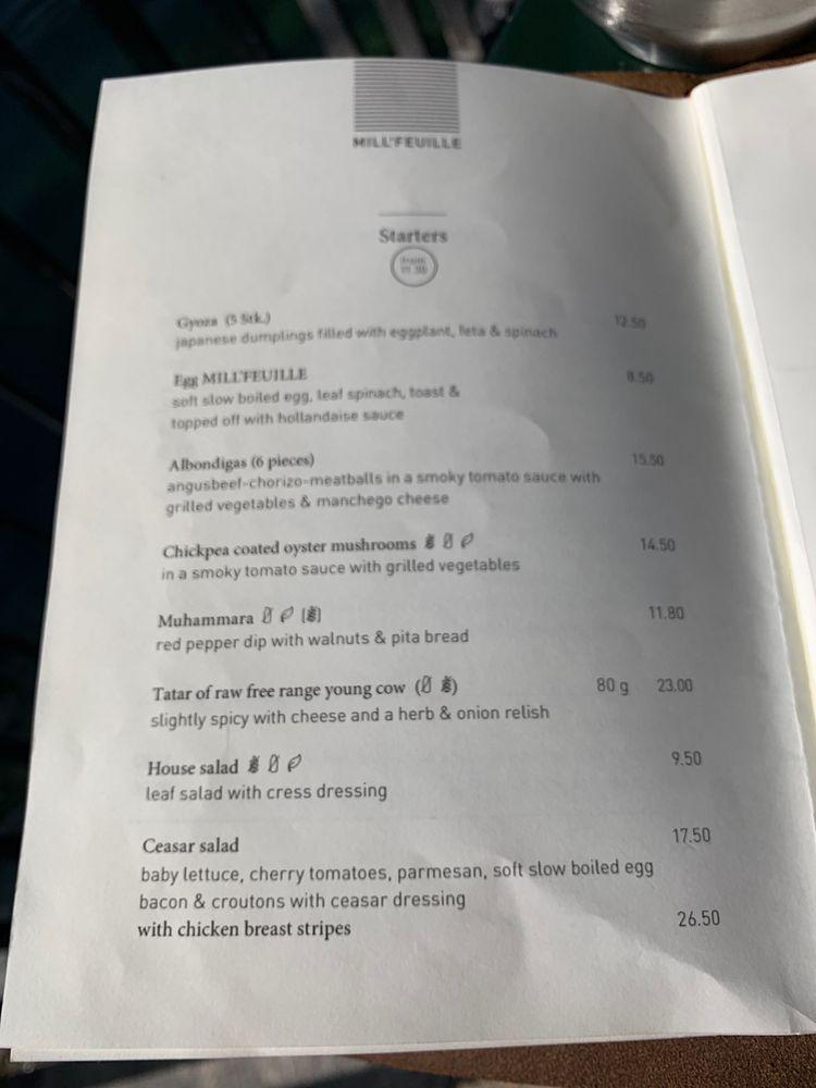 Menu at Mill'Feuille, Lucerne
