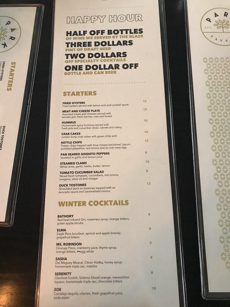 Menu at Park Tavern restaurant, El Paso