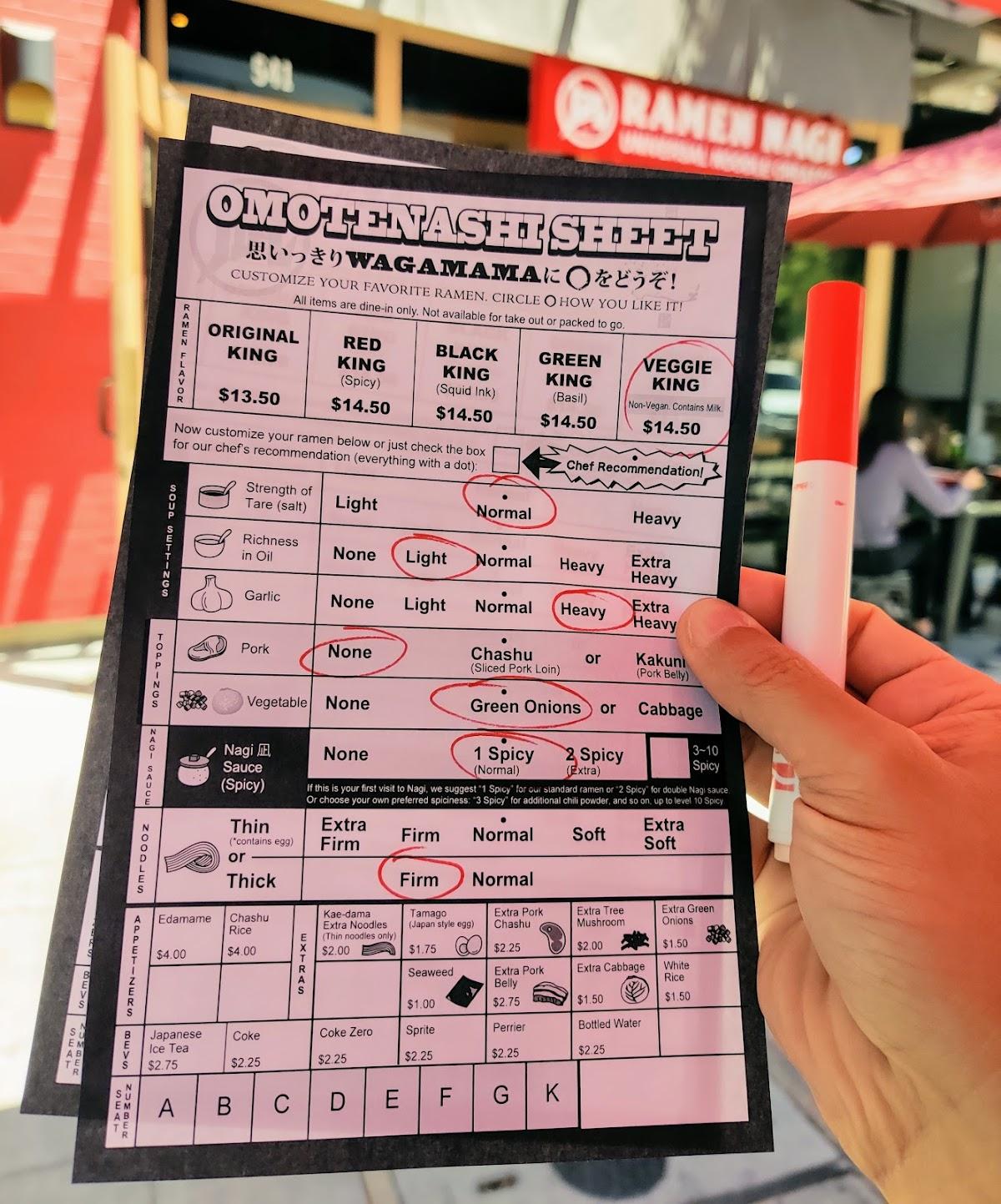 Menu at Ramen Nagi restaurant, Palo Alto