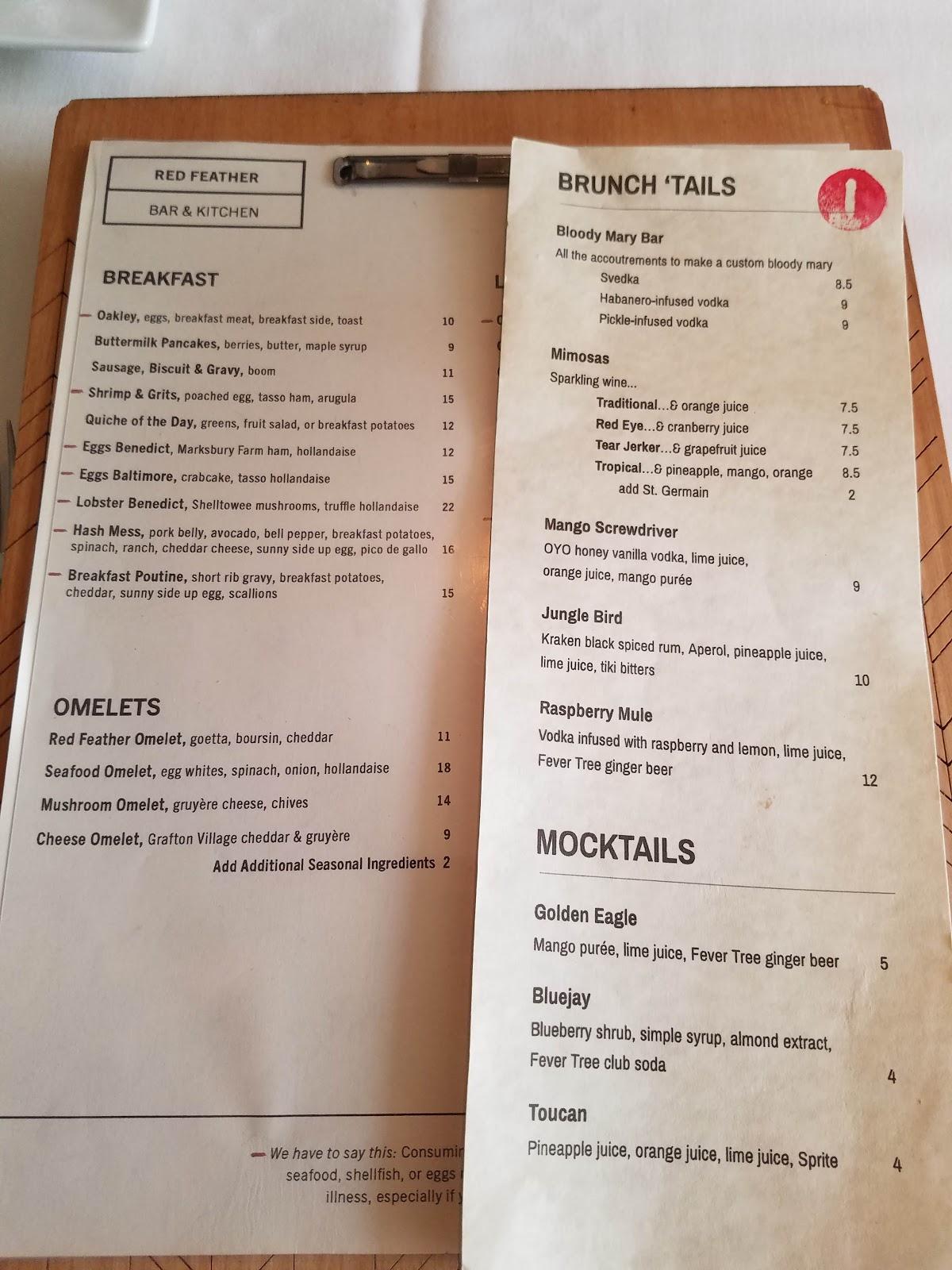 Menu at Red Feather Kitchen restaurant, Cincinnati