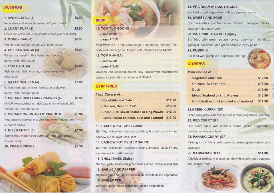Menu at Summer Thai restaurant, Summerland Point