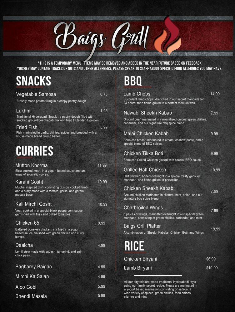 Menu at Baigs Grill (Brampton) restaurant, Brampton