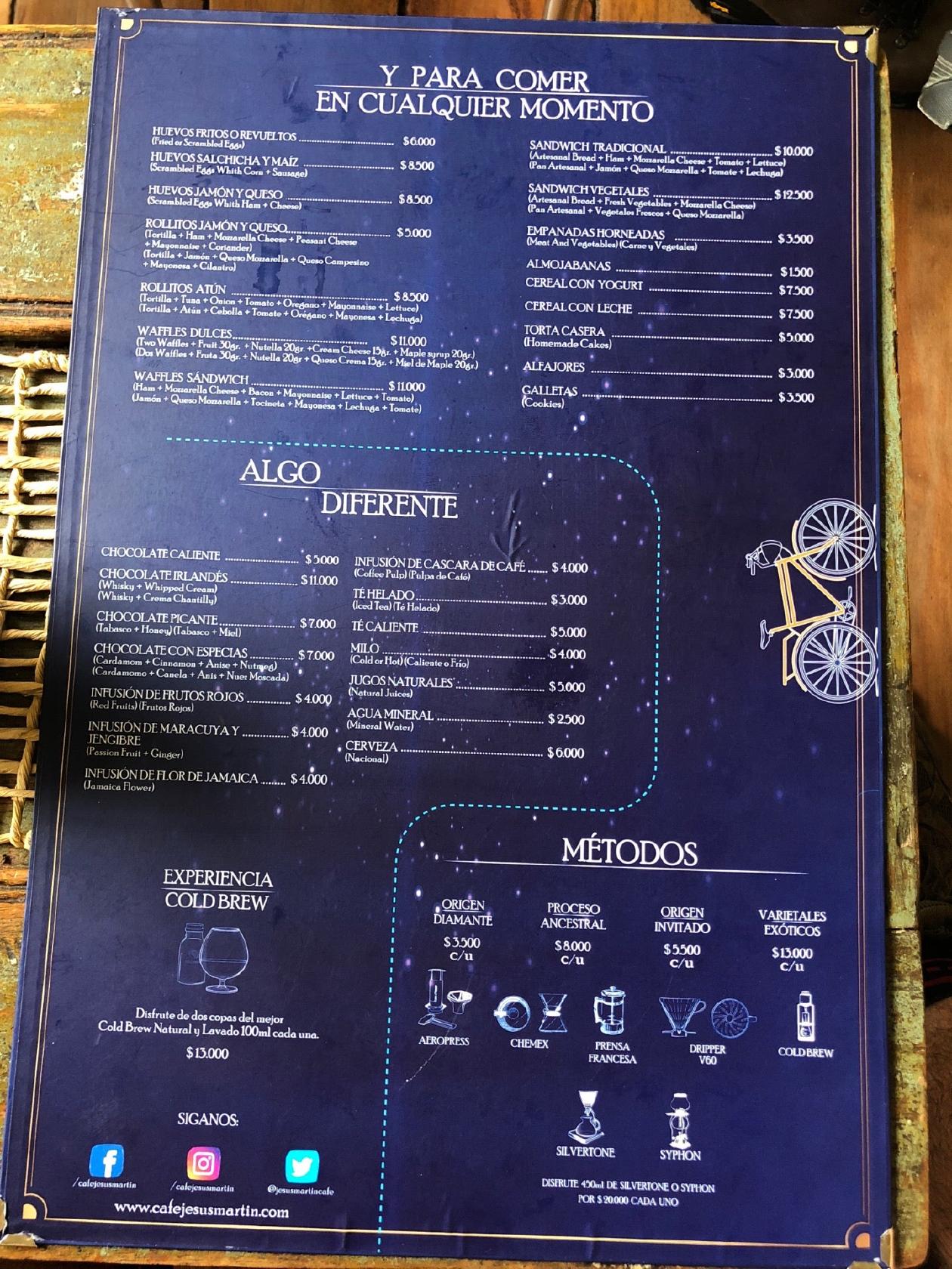 Menu at Café Jesús Martín, Salento