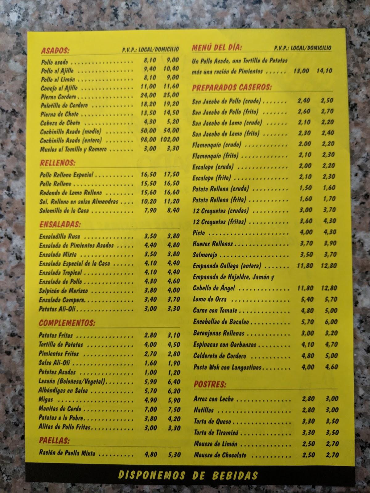 Menu at El Palacio del Pollo Dorado restaurant, Jaén