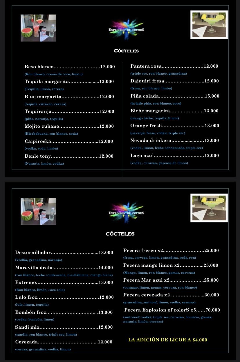 Menu at Explosion of colorS pub & bar, Zarzal