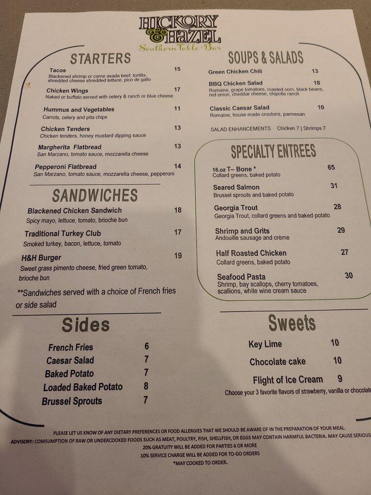 Menu at Hickory and Hazel, Renaissance Hotel pub & bar, Atlanta