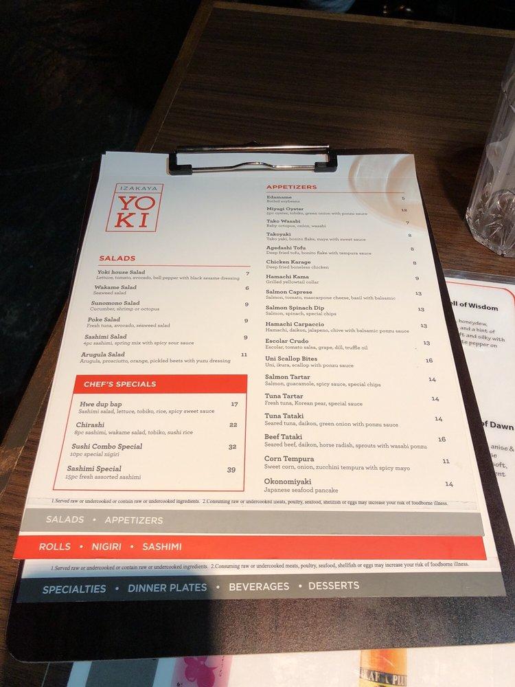 Menu at Izakaya Yoki restaurant, San Francisco