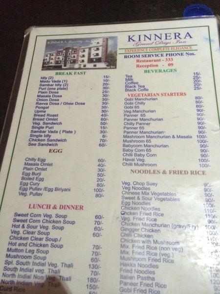 Menu at Kinnera Grand, Sullurupeta
