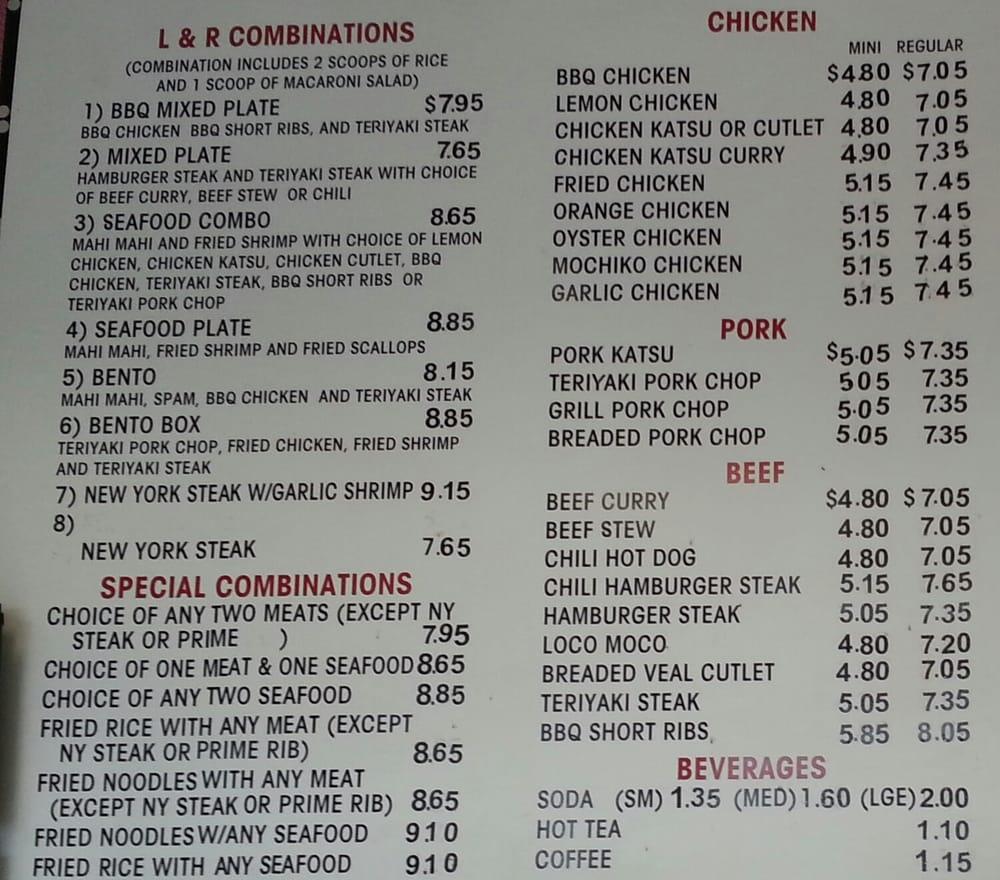 Menu at L & R Drive Inn BBQ, Kaneohe