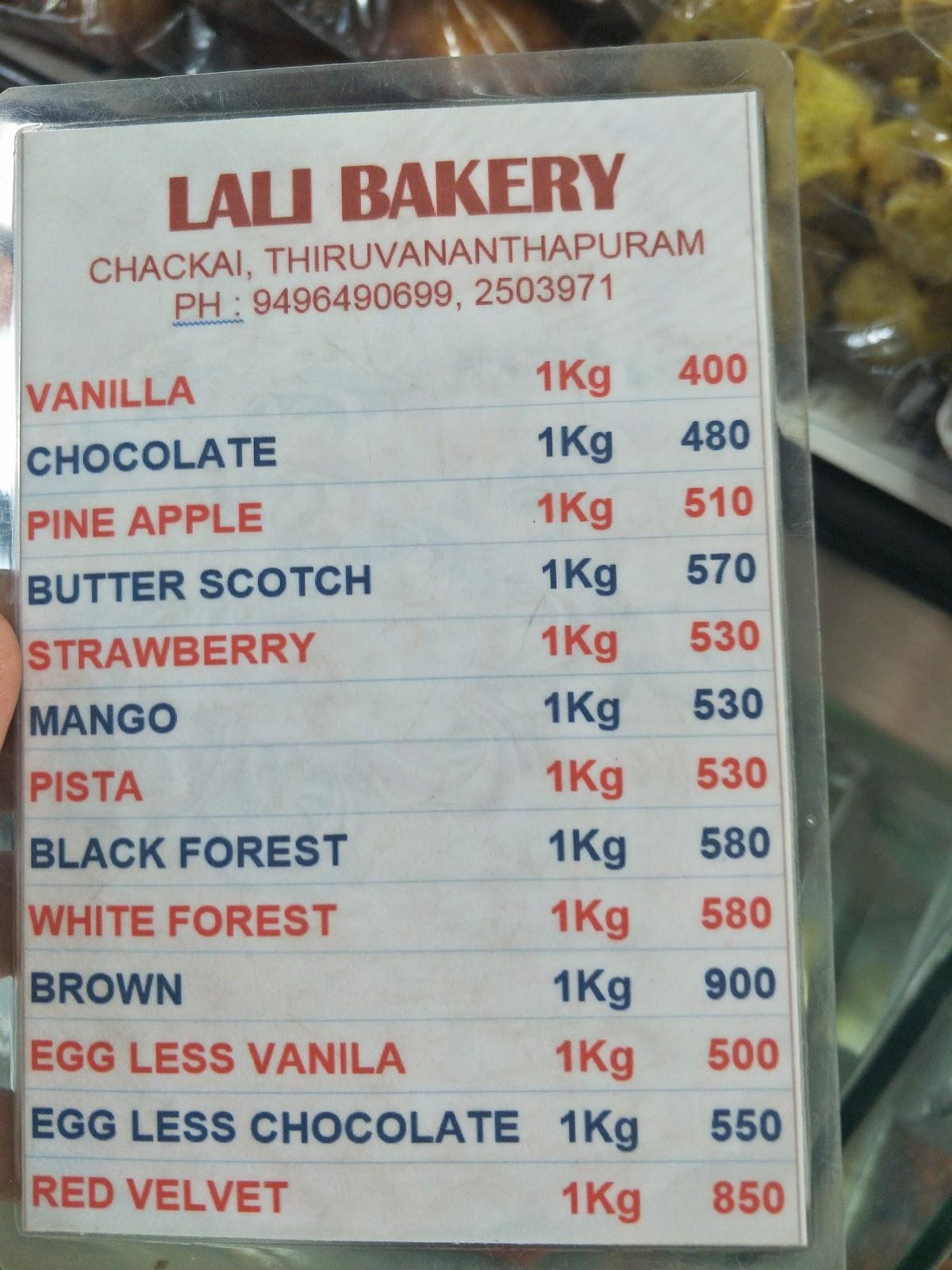 Menu at Lali Bakery, Thiruvananthapuram, Shop No