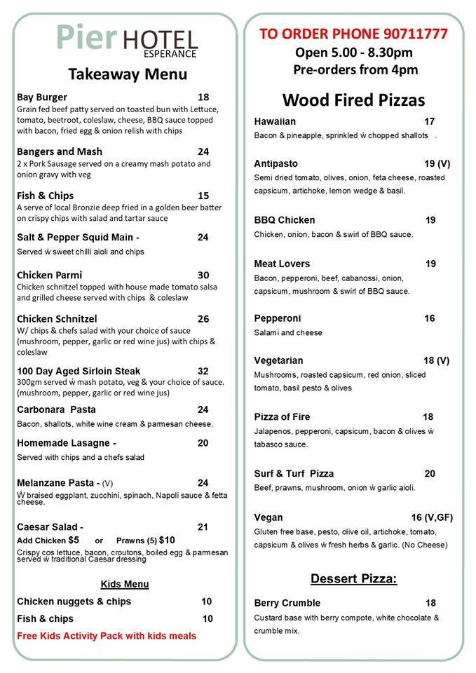Menu at The Pier Hotel pub & bar, Esperance, 47 The Esplanade