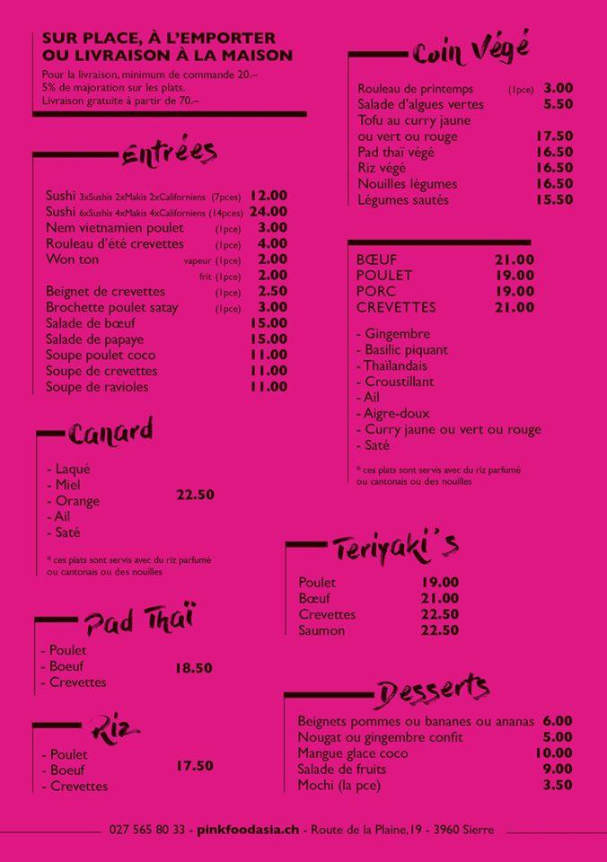 Menu at Pink Food Asia, Sierre