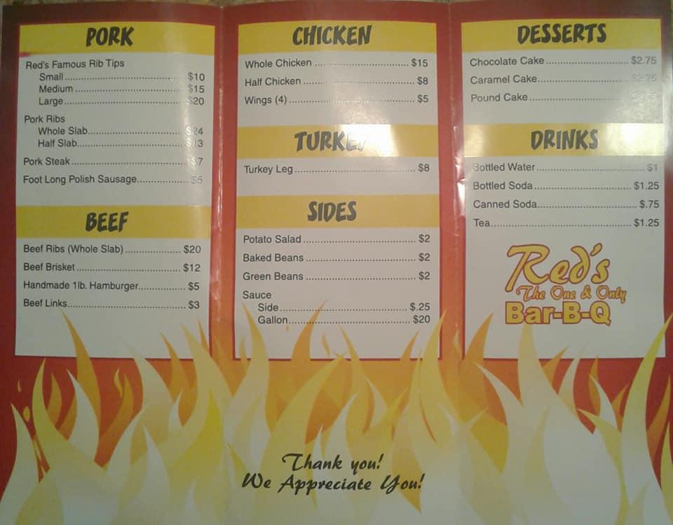 Menu at Red's The One And Only BBQ, Ferguson