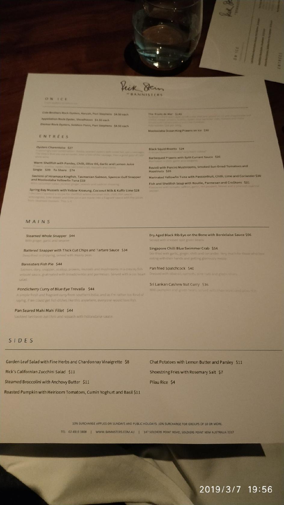 Menu at Rick Stein at Bannisters restaurant, Soldiers Point